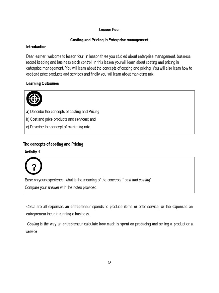 Lesson Four Costing and Pricing in Enterprise Management | PDF