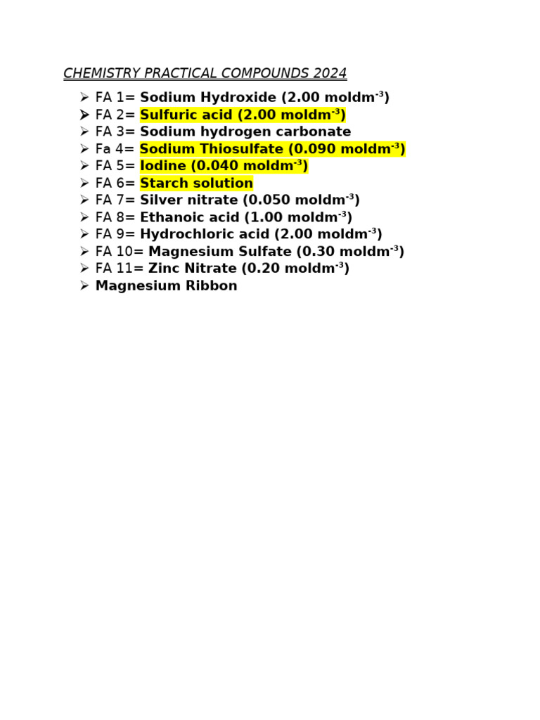 Chemistry Practical Compounds 2024 | PDF