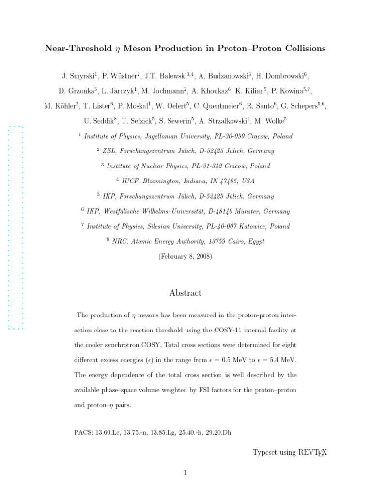 Near-Threshold η Meson Production in Proton-Proton Collisions | PDF | Electronvolt | Cross ...