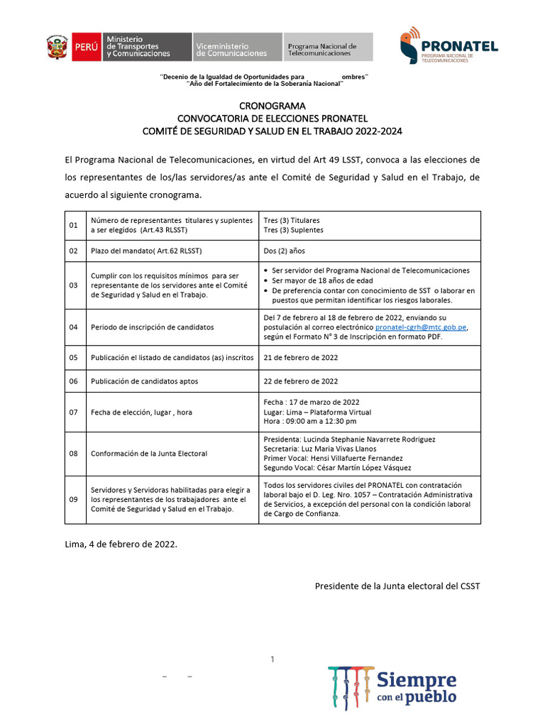 Cronograma de Elecciones de Representantes Del Comité de Seguridad y ...