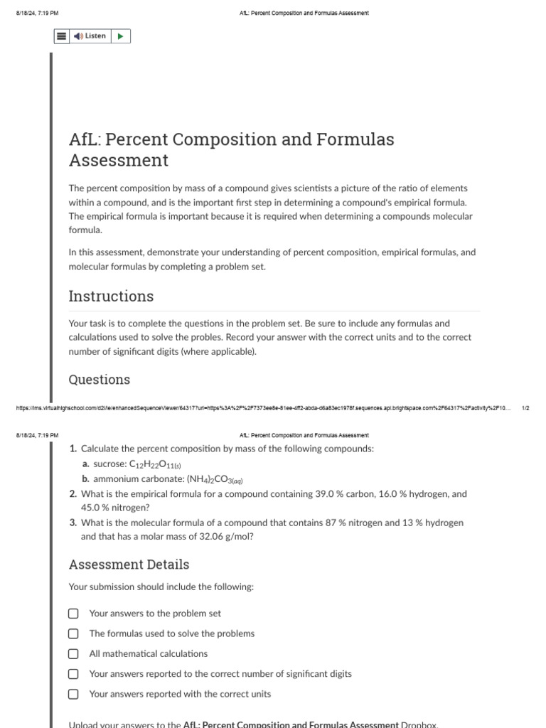 AfL - Percent Composition and Formulas Assessment | PDF | Chemical ...