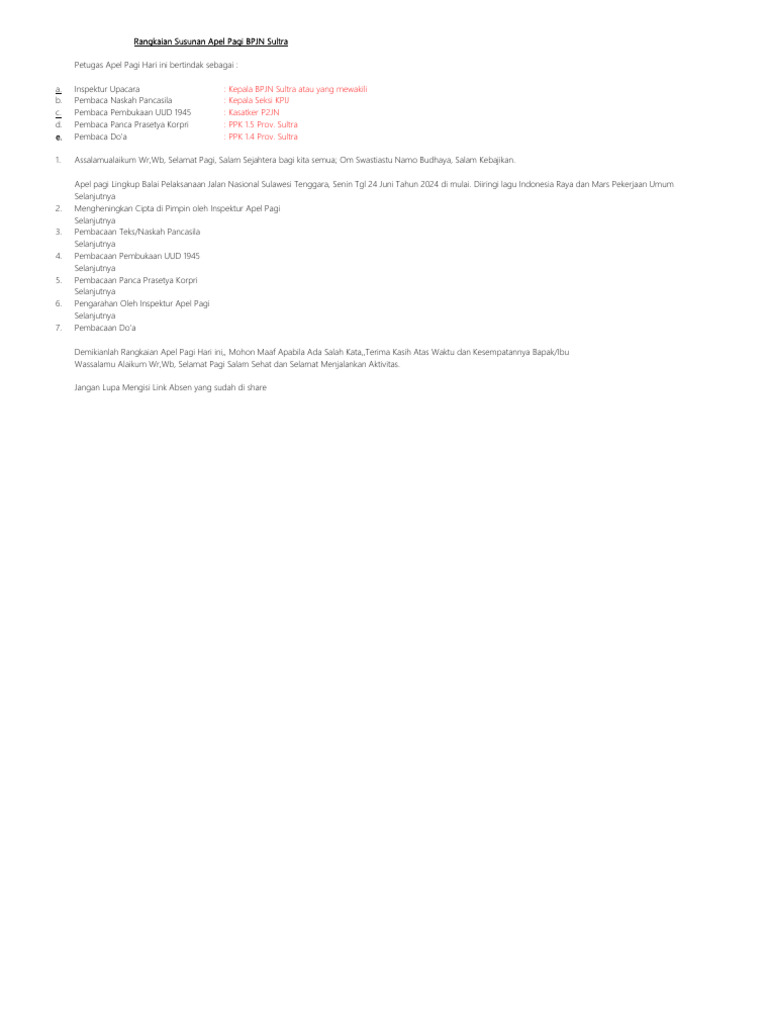 Contoh Susunan Apel Pagi BPJN Sultra | PDF