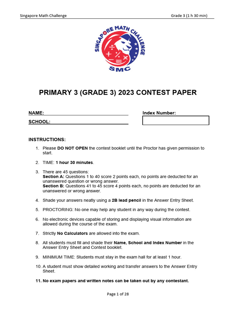 2023 Singapore Math Challenge Grade 3 เฉลย | PDF
