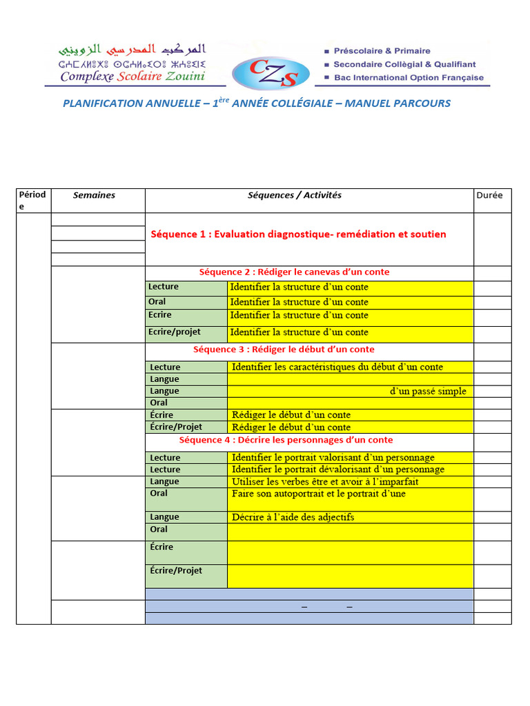 Planification Annuelle 1ère Année Collège Manuel Parcours | PDF