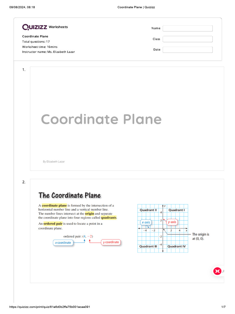 Coordinate Plane - Quizizz | PDF