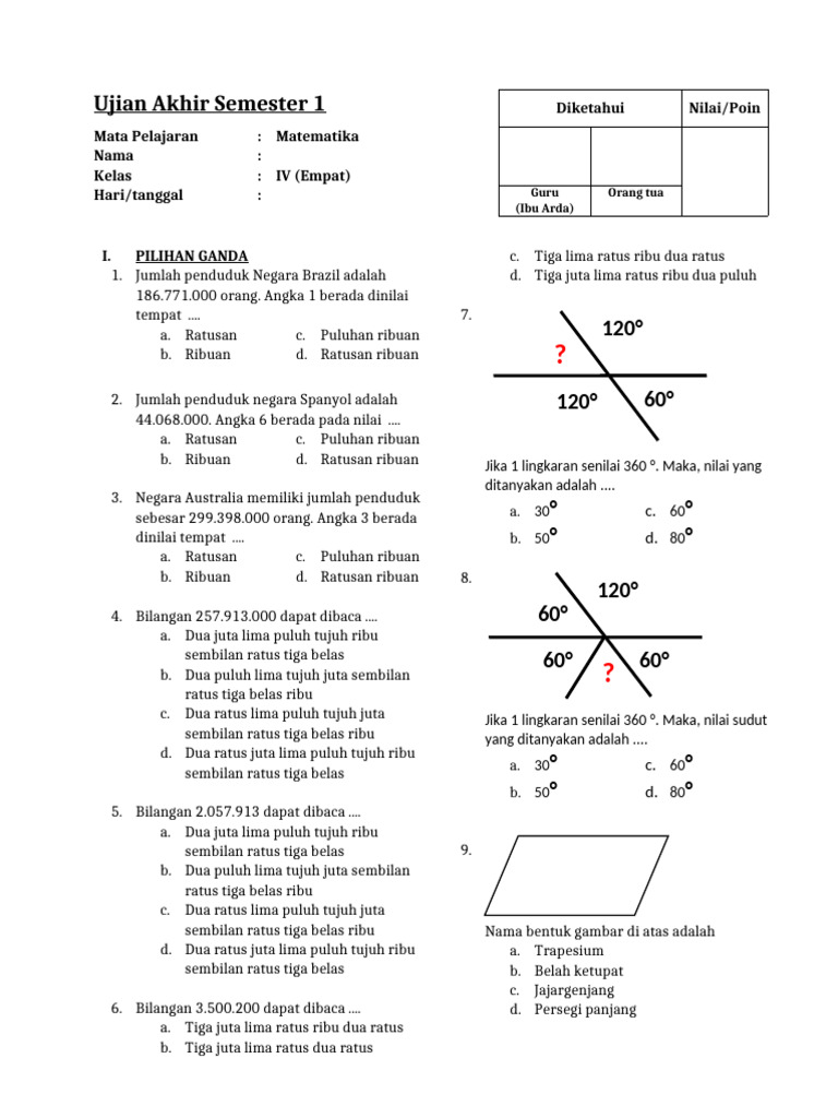 UAS Math KELAS 4 Tab. Dahana | PDF