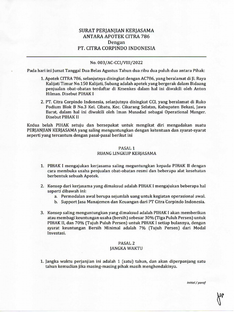 Surat Perjanjian Kerjasama Apotek DGN CCI | PDF