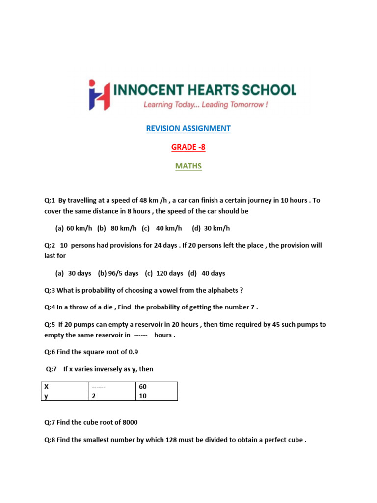 Revision assignment , grade -8, | PDF