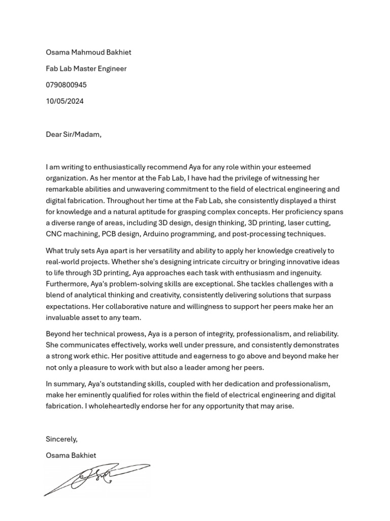 Aya Recommendation Letter | PDF