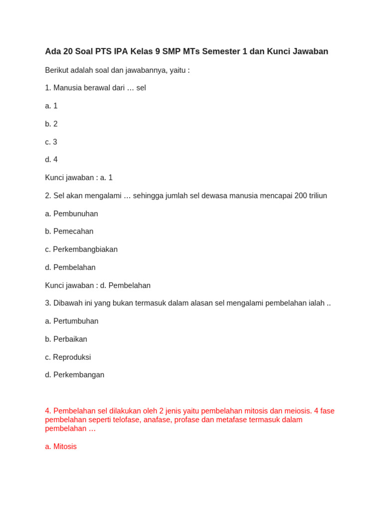 Ada 20 Soal PTS IPA Kelas 9 SMP MTs Semester 1 Dan Kunci Jawaban | PDF
