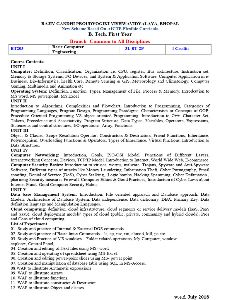 RGPV Syllabus Aicte BT 203 Basic Computer Engineering | PDF