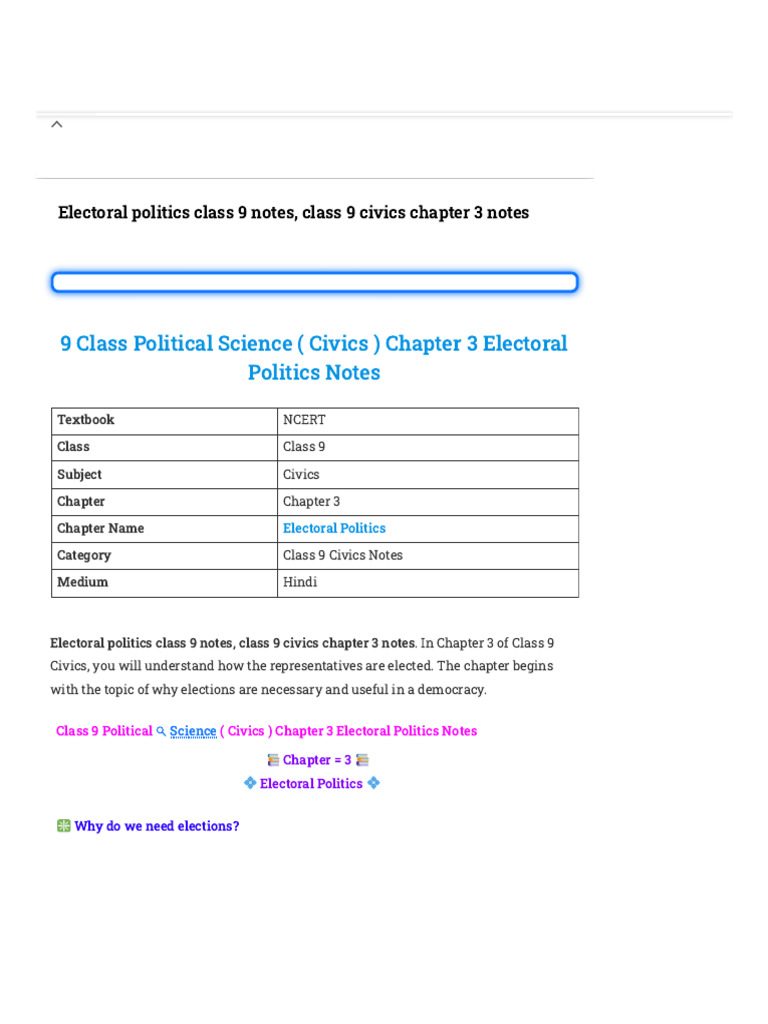 Electoral Politics Class 9 Notes, Class 9 Civics Chapter 3 Notes | PDF