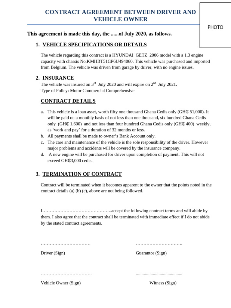 Contract Agreement Between Driver and Vehicle Owner | PDF