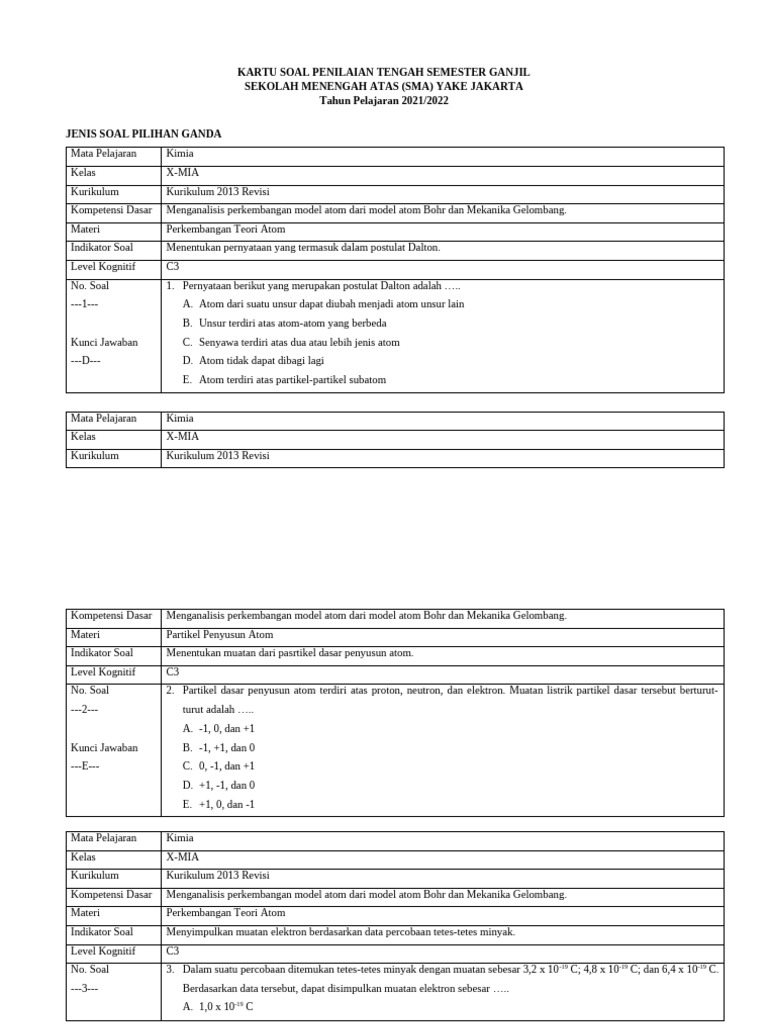 Kartu Soal Pts Kimia Ganjil - X-Mia | PDF