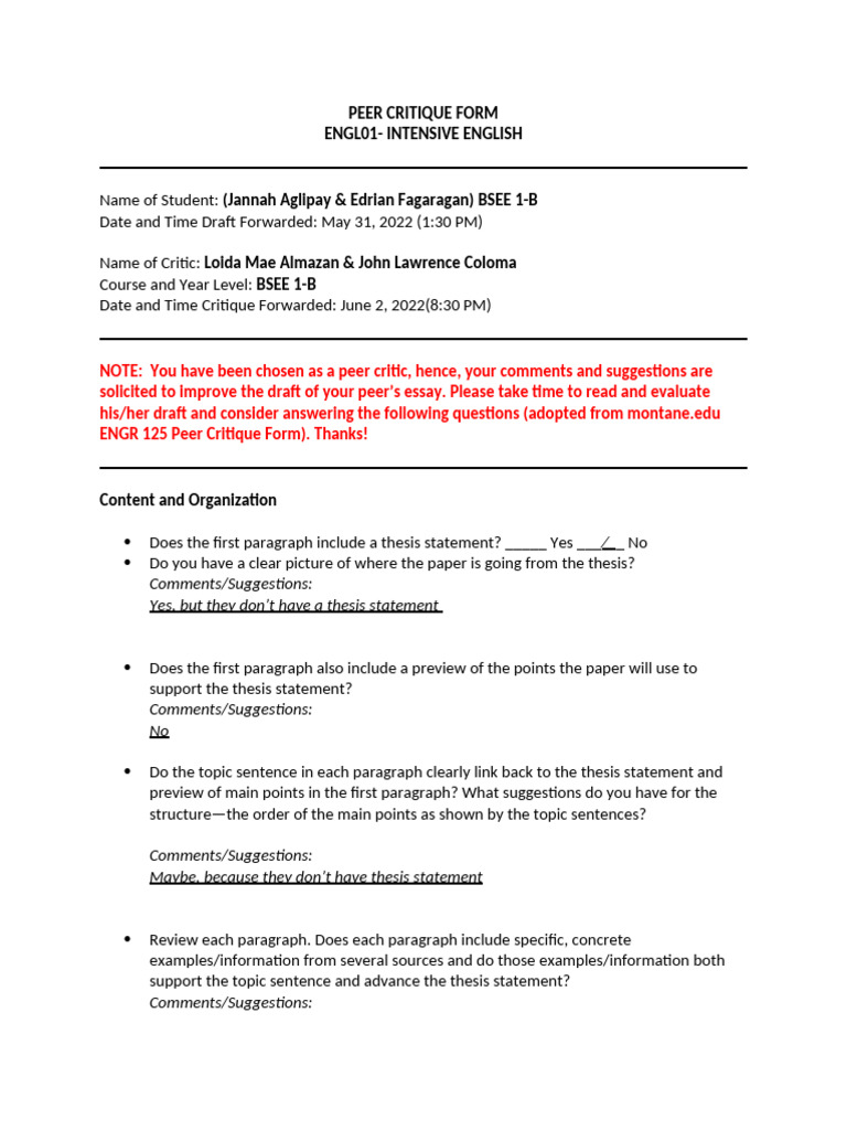 Peer Critique Form 2 | PDF