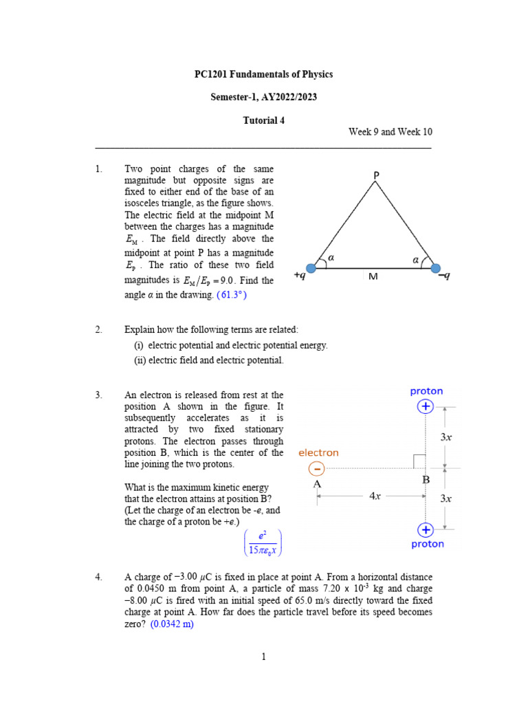 Tutorial Questions 4 (PC1201) Semester-1 2022-23 | PDF