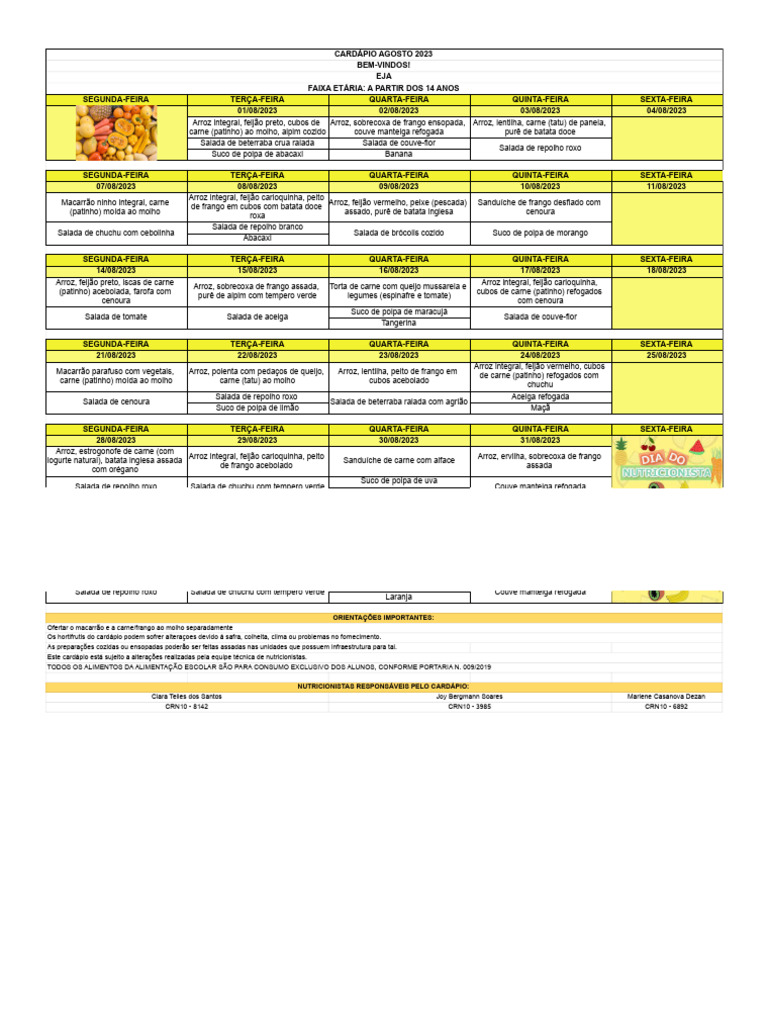 Cardápios Eja 2023 - Agosto | PDF