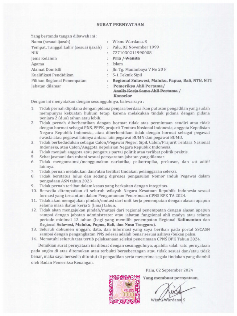 Surat Pernyataan Wisnu Fix Materai | PDF