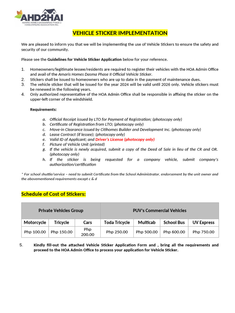 Vehicle Sticker AHD2HAI | PDF