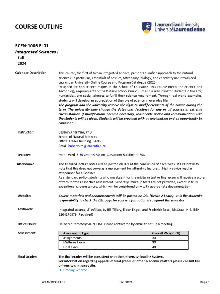 Syllabus - Laurentian Integrated Science Year 1 | PDF