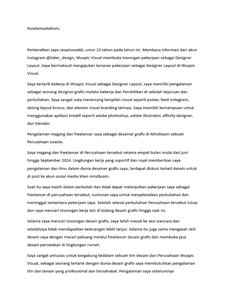 Surat Lamaran Kerja - Raiyanuwaldi - Designer Layout | PDF
