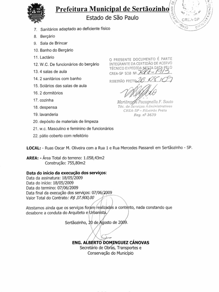 4 - Atestado 2 - Cat-A - Crea - Pref Sertaozinho - Creche - Proj Arq ...