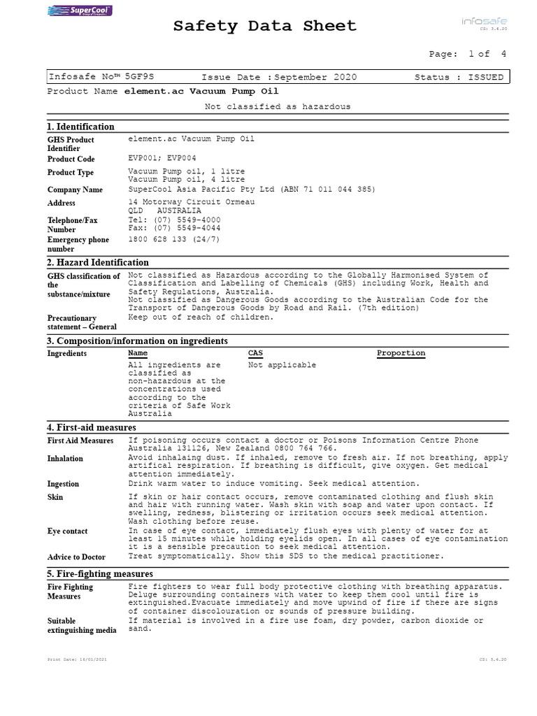 EVP001 4 Element - Ac - Vacuum Pump Oil - SDS 202 | PDF