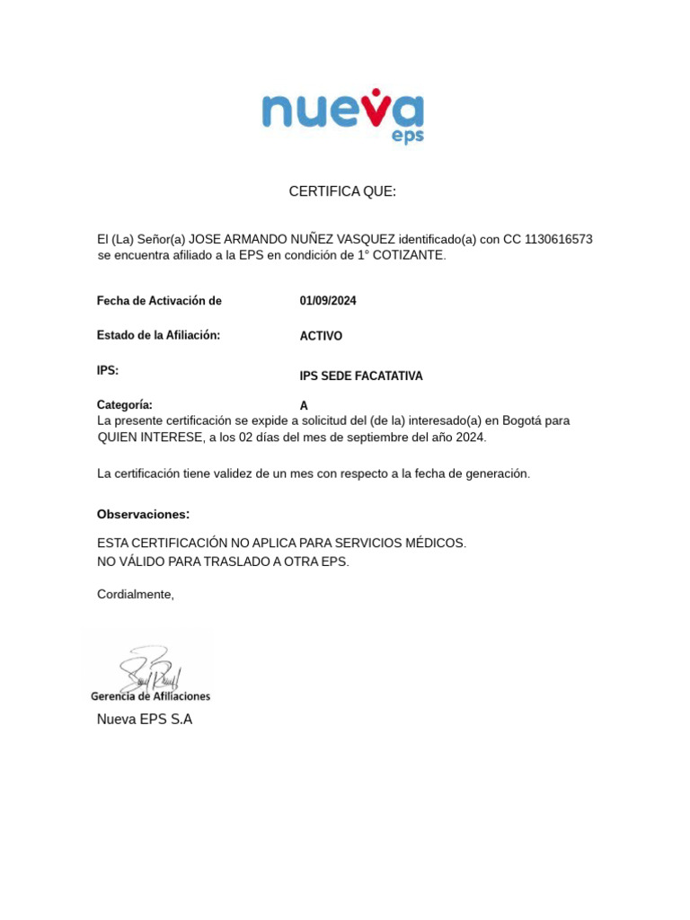 Certificado de Nueva Eps Editable | PDF