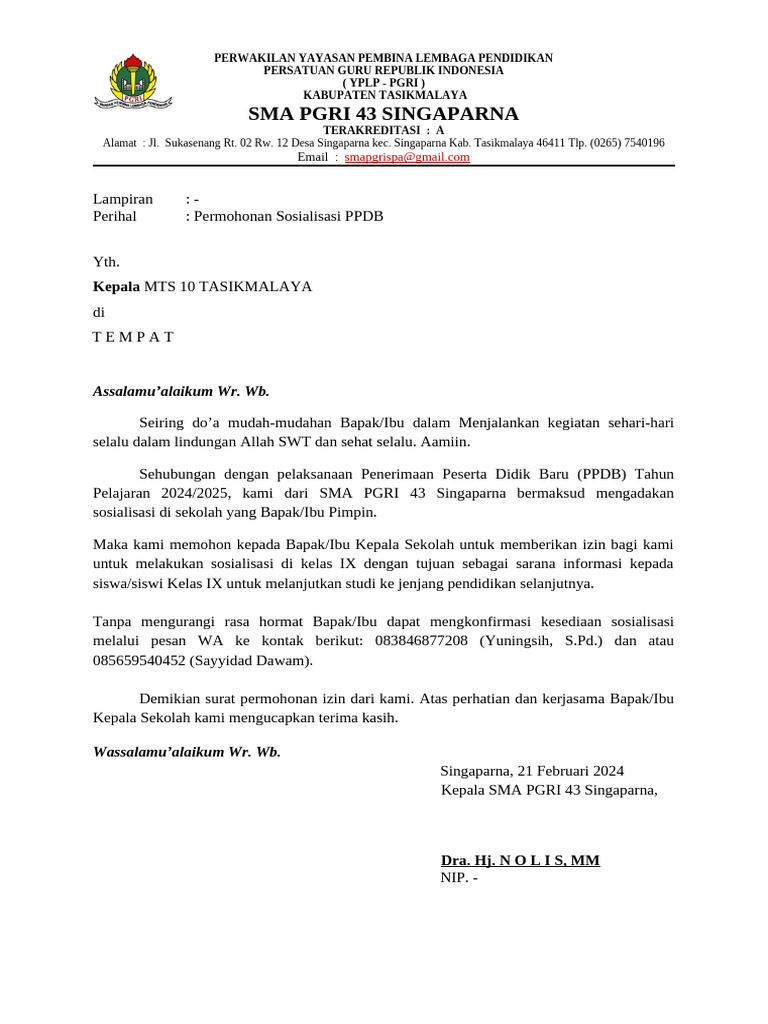 Surat Ijin Sosialisasi PPDB | PDF