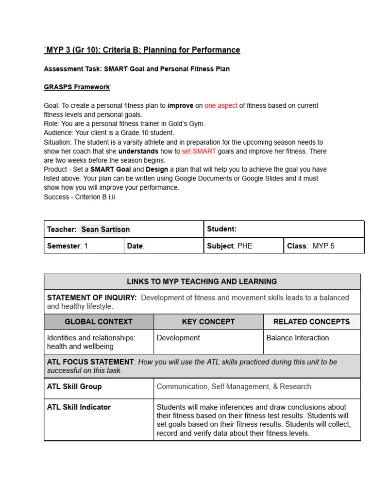 Jasmine - MYP 5_ (Gr 10) Unit 1_ Criteria B_ Planning for Performance | PDF
