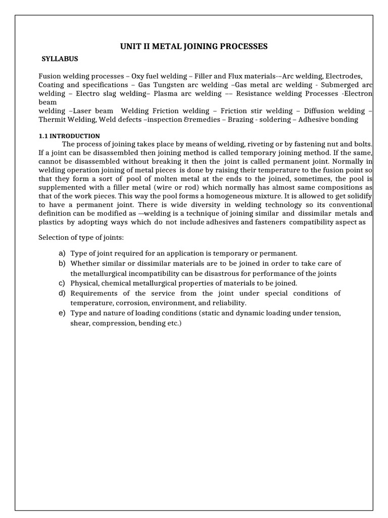 UNIT II Metal Joining Process | PDF | Welding | Construction