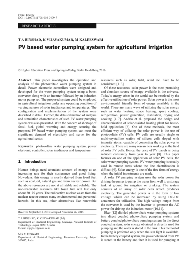 PV Based Water Pumping System For Agricultural Irrigation | PDF | Power ...