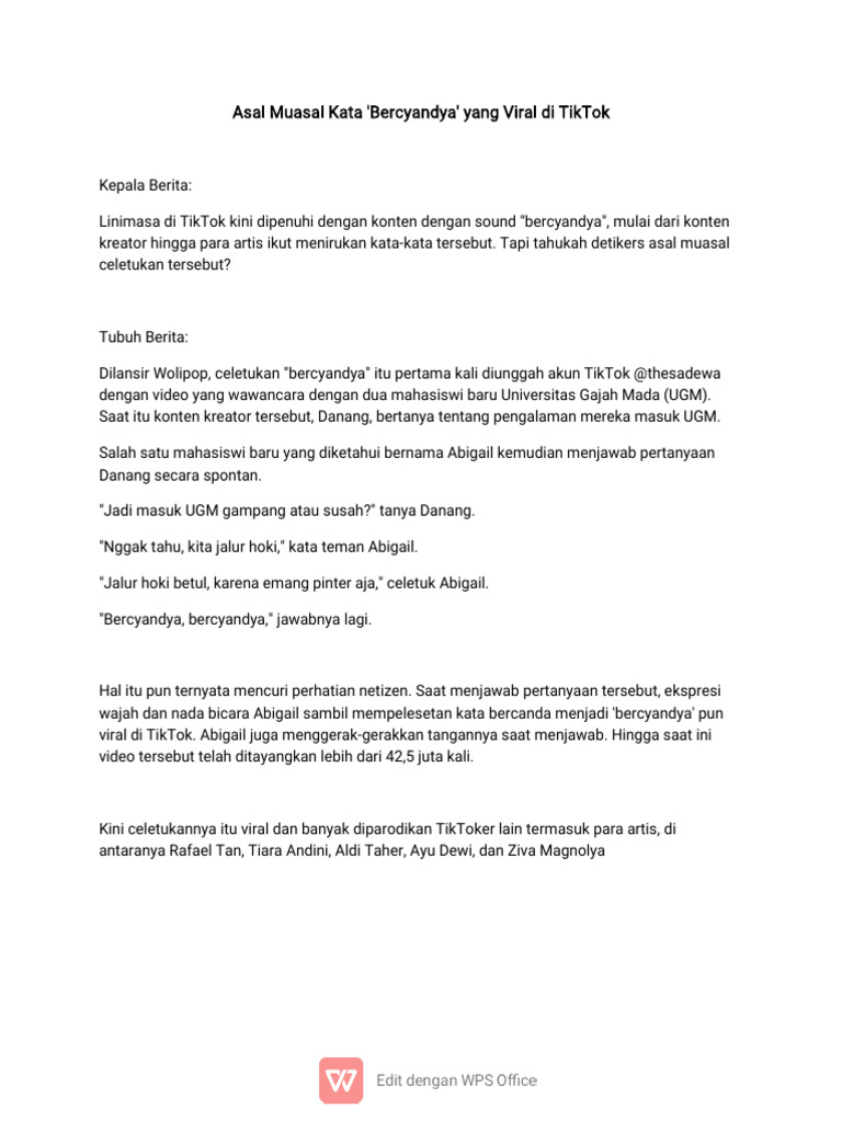 Asal Usul 'Bercyandya' Viral di TikTok | PDF