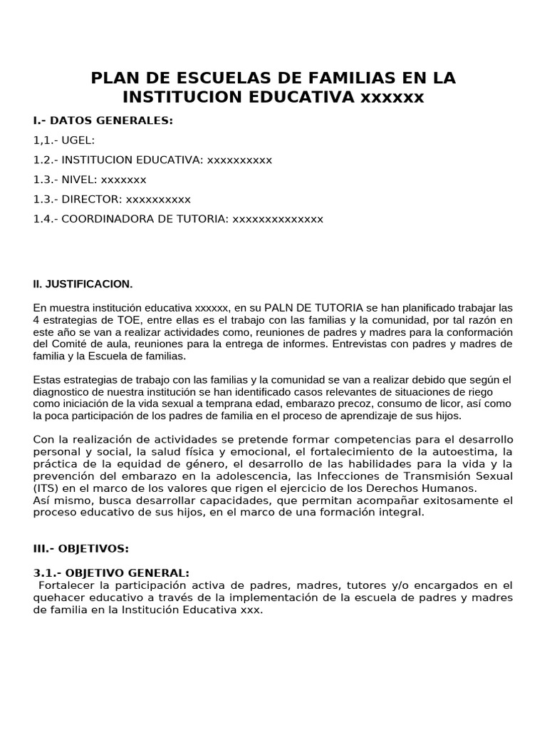 Ejemplo , Plan de Escuelas de Familias 2024 | PDF