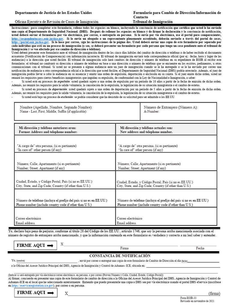 Formulario EOIR-33: Cambio de Dirección | PDF