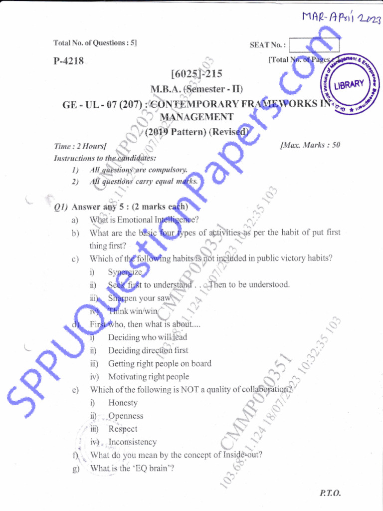 Postgraduate PG - Mba - Semester 2 - 2023 - May - Contemporary Frameworks in Management Pattern ...