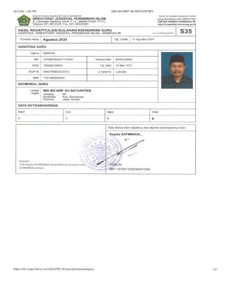 S35 Dan Absensi Agustus | PDF