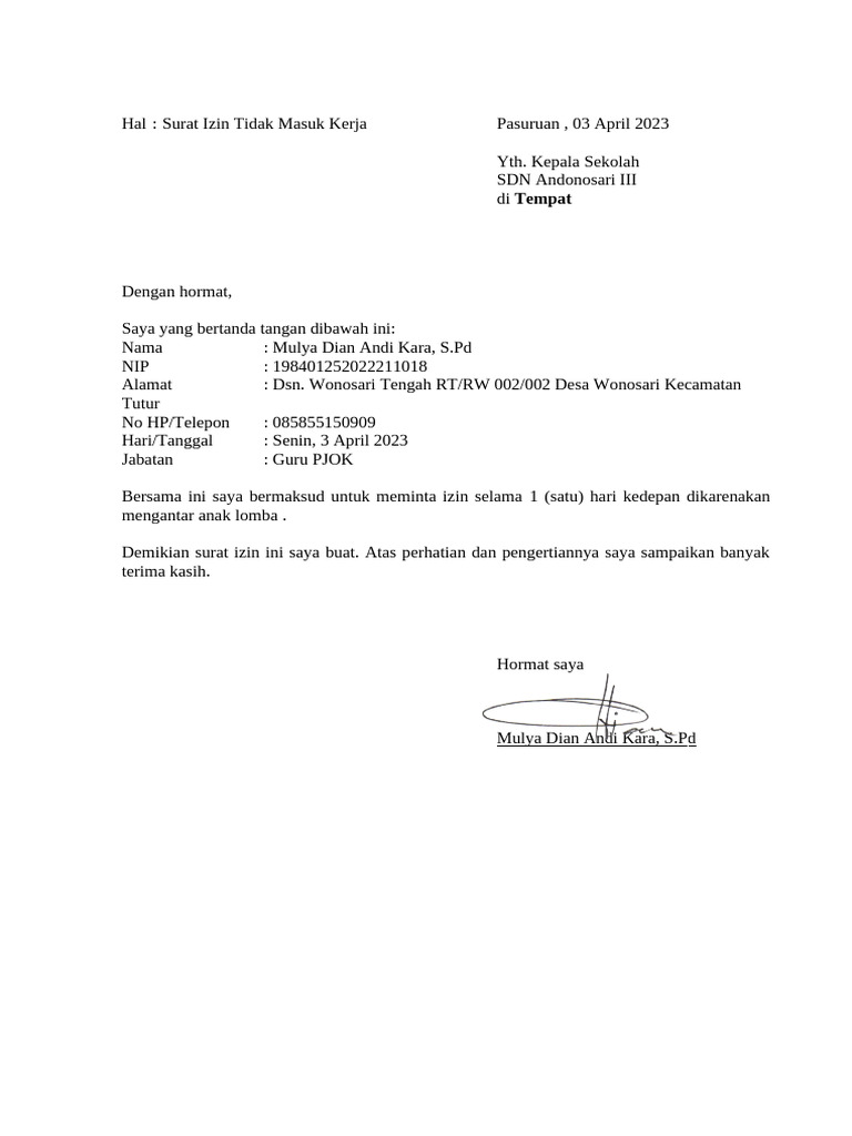 Surat Ijin Tidak Masuk Kerja | PDF