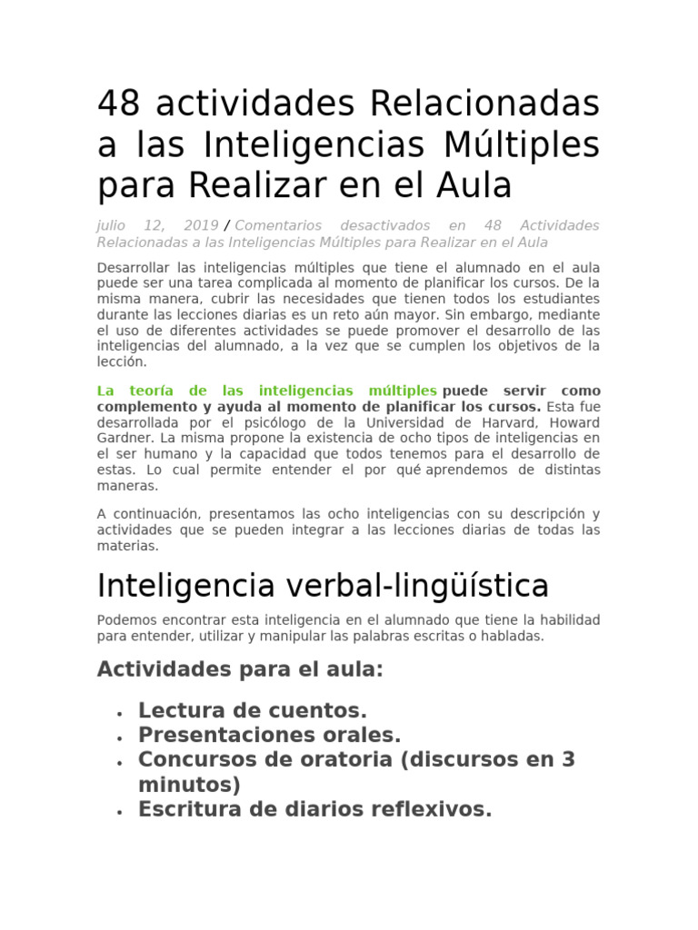 48 Actividades Relacionadas A Las Inteligencias Múltiples para Realizar ...
