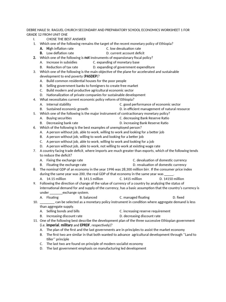 Economics Worksheet 2 For Grade 12 | PDF