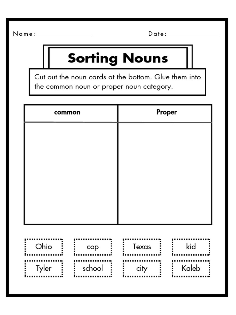 Black and White Simple Sorting Nouns Worksheet | PDF