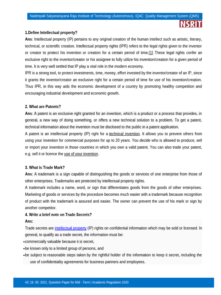 IPR&P-MID I Important Questions and Answers | PDF