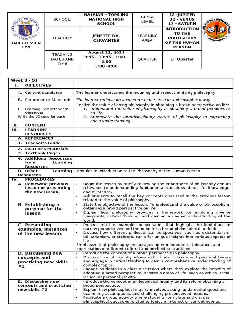 DLL Philo 2024 2025 Day 1 W3 Q1 | PDF