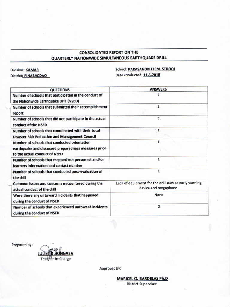 Earthquake Report of Parasanon ES Q3 | PDF