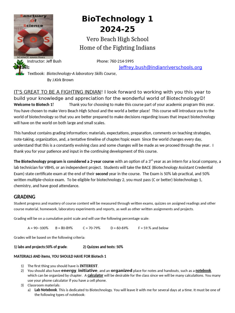 Syllabus Biotech 1 2024-25 | PDF