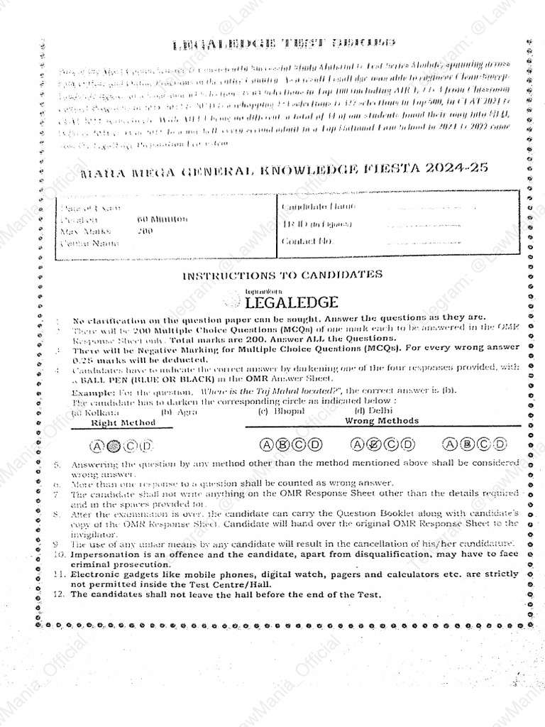 Maha Mega Fiesta Questions + OMR Response Sheet @LawMania Official | PDF