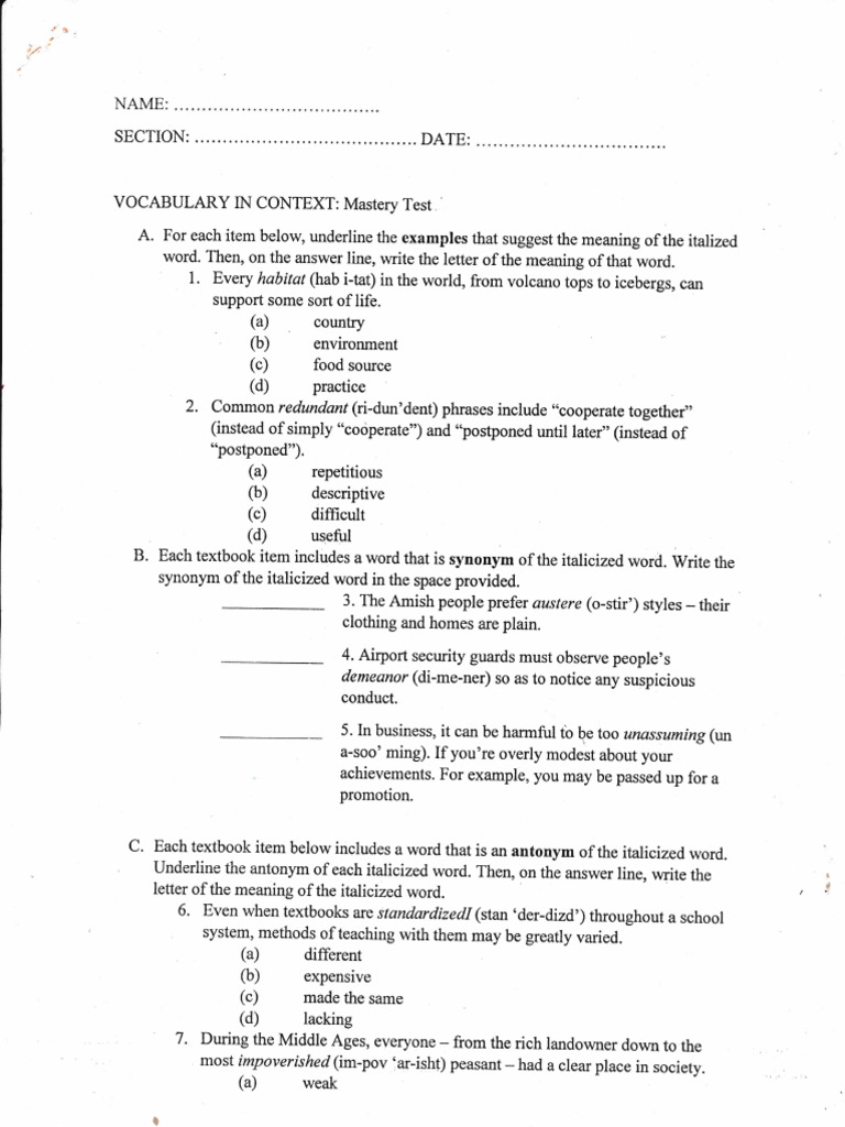 VOCABULARY IN CONTEXT Mastery Test | PDF