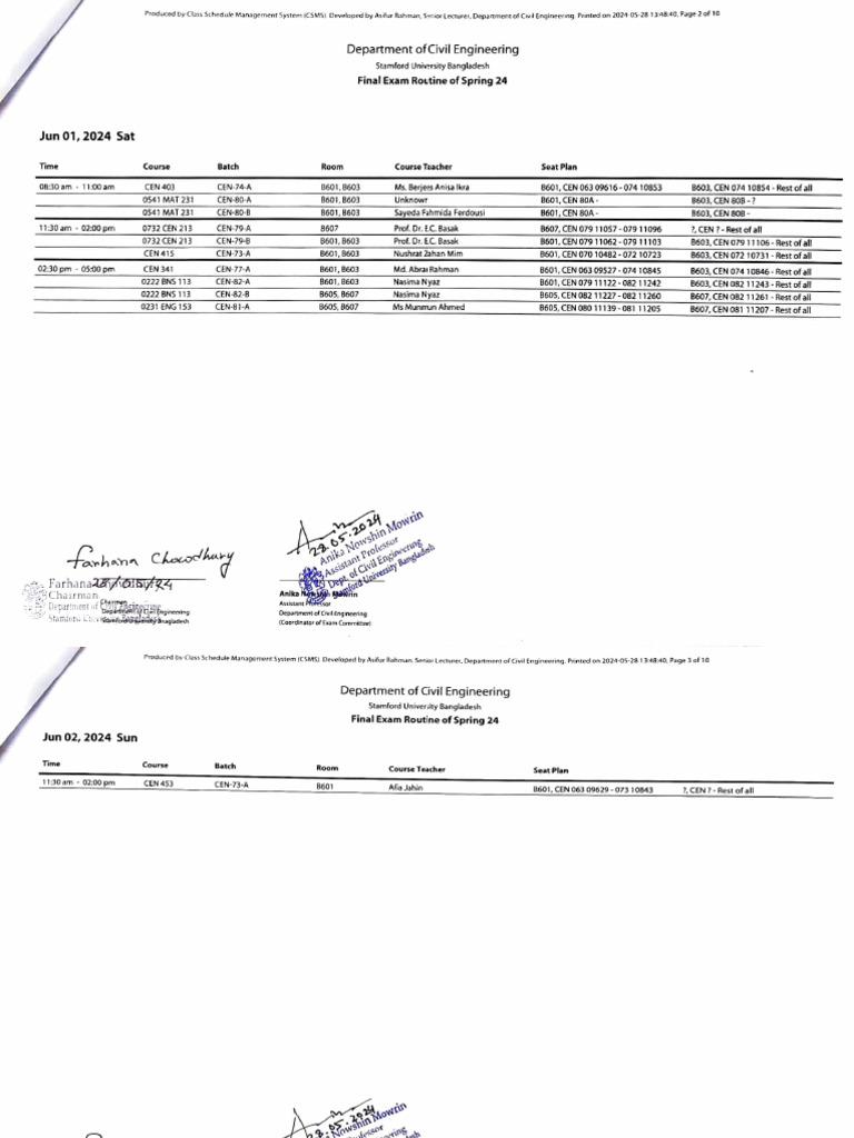 Final Exam Schedule Spring 2024 - Student | PDF