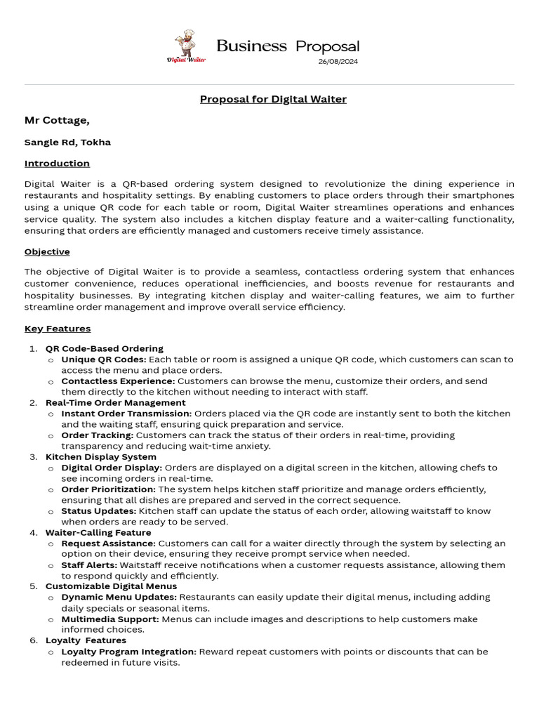 QR-Based Digital Waiter System Proposal | PDF | Waiting Staff | Restaurants