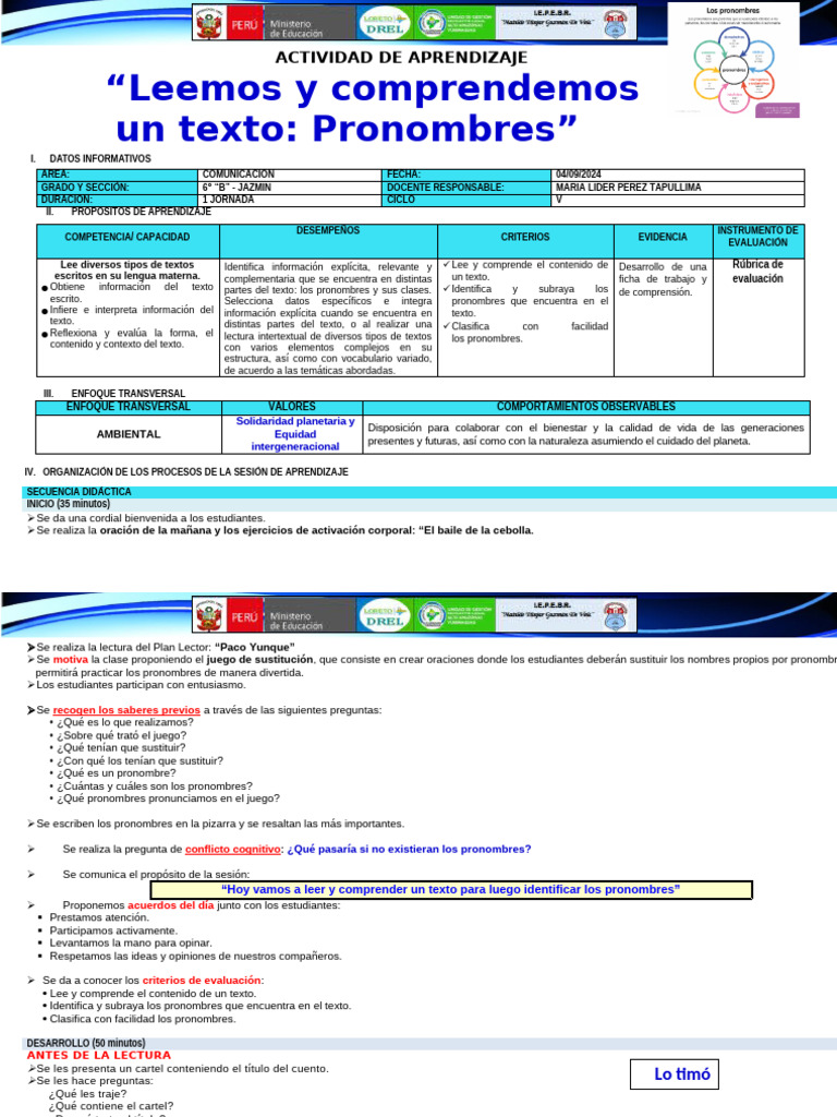 Leemos y Comprendemos Un Texto - PRONOMBRES | PDF | Evaluación | Aprendizaje